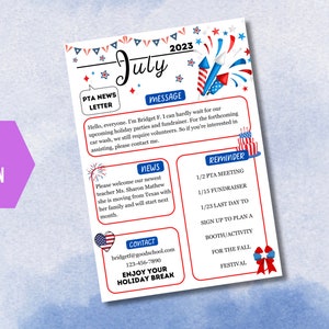 EDITABLE July Newsletter Template, Classroom Printable Handout Flyer ...