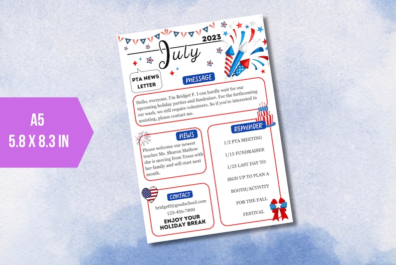 EDITABLE July Newsletter Template Classroom Printable Handout - Etsy