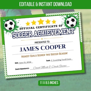 EDITABLE Soccer Award Certificate, Team Soccer Award Cert, Soccer Party ...