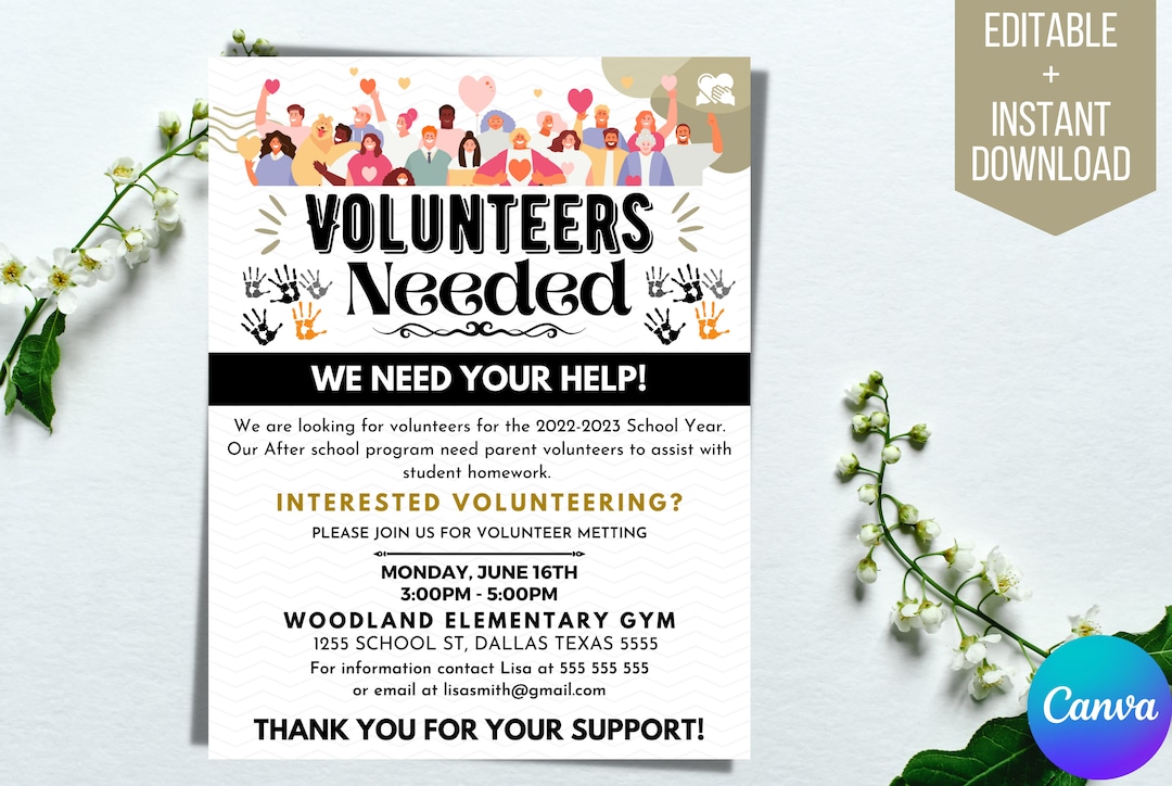 EDITABLE Volunteer Recruitment Flyer, Printable Handout, School ...