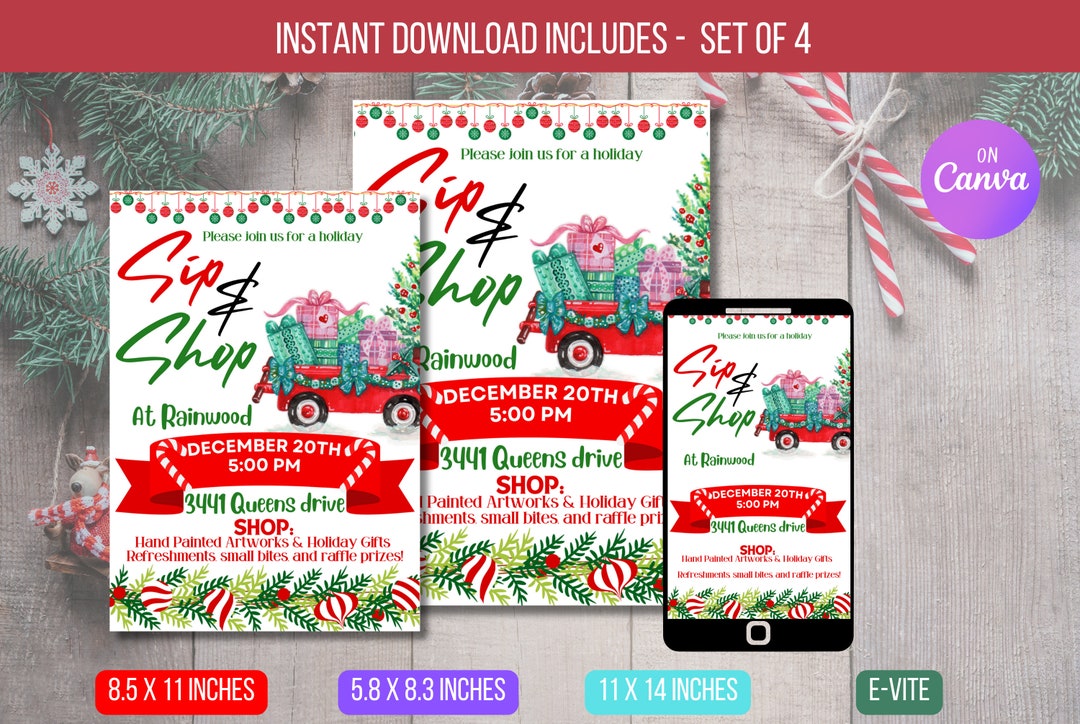EDITABLE Holiday Sip and Shop Invitation Flyer, Christmas Shopping ...
