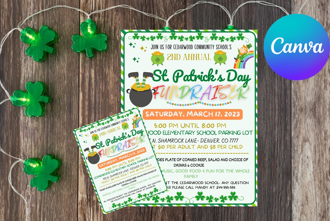 Editable St. Patricks Day Fundraiser Flyer, Shamrock Rainbow Spring ...
