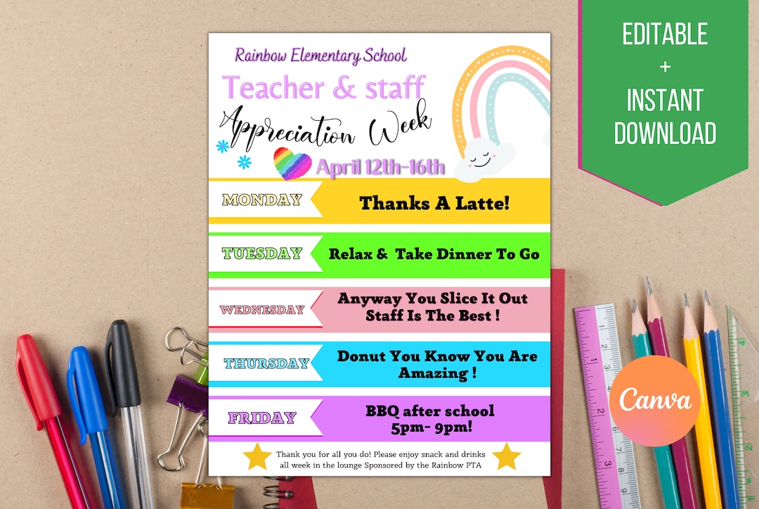 Teacher Staff Appreciation Spirit Week Editable Schedule | Printable ...