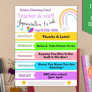 Teacher Staff Appreciation Spirit Week Editable Schedule | Printable ...