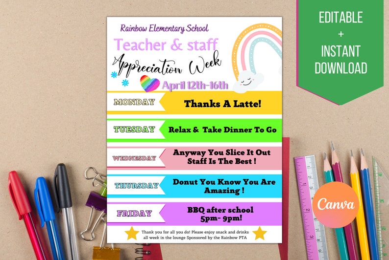 Teacher Staff Appreciation Spirit Week Editable Schedule - Etsy