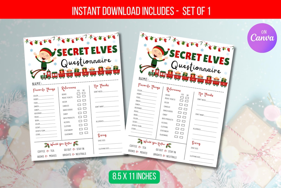 EDITABLE Christmas Secret Elves Questionnaire Checklist, Secret Elves ...