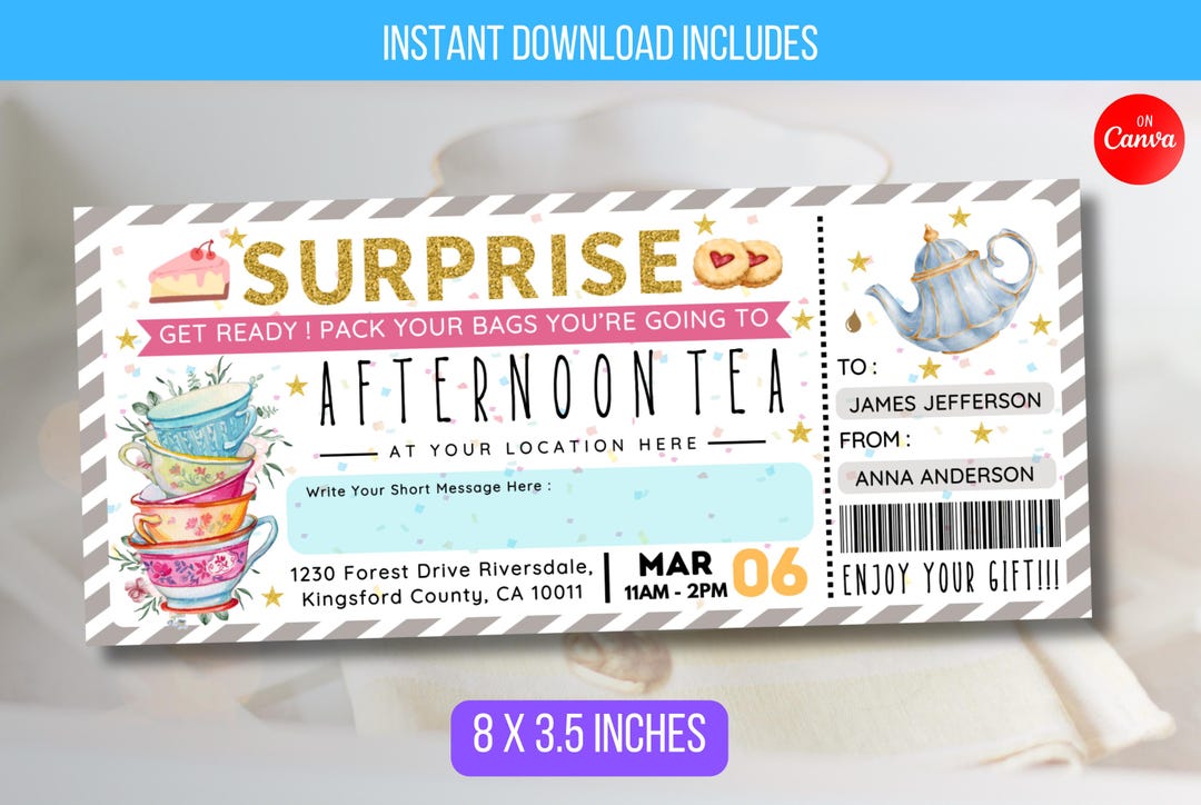 EDITABLE Afternoon Tea Gift Voucher Ticket, Birthday Surprise English ...