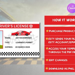 EDITABLE Race Car Drivers License Birthday Party Decorations, ID Badge ...