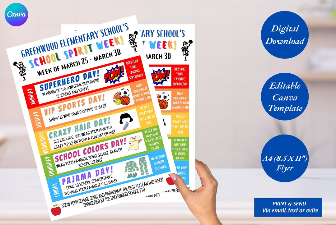 Spirit Week Template Spirit Week Schedule School Spirit - Etsy