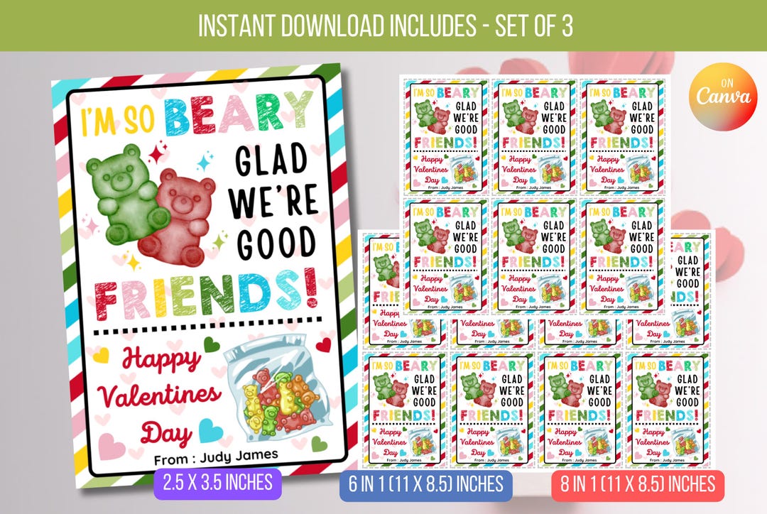 EDITABLE Valentine I'm so Beary Glad We Are Friends Tag, Happy ...