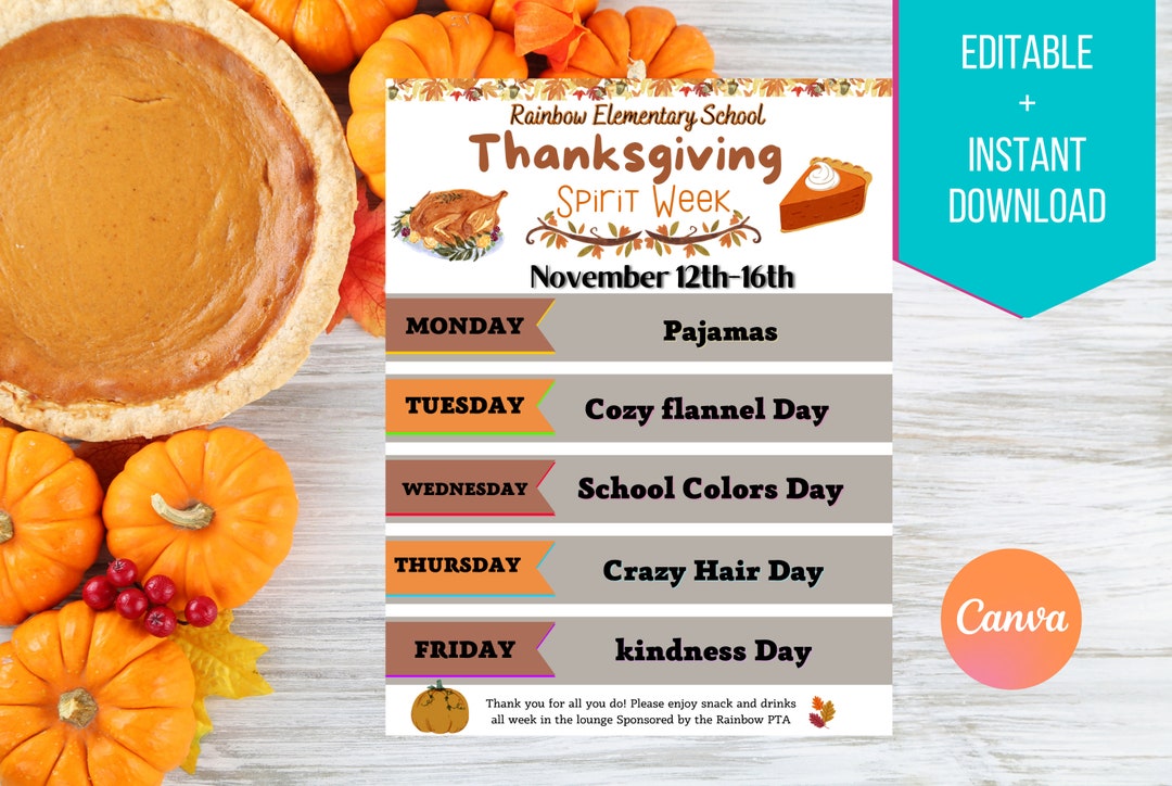 Thanksgiving Spirit Week Editable Itinerary Schedule | Printable DIY ...