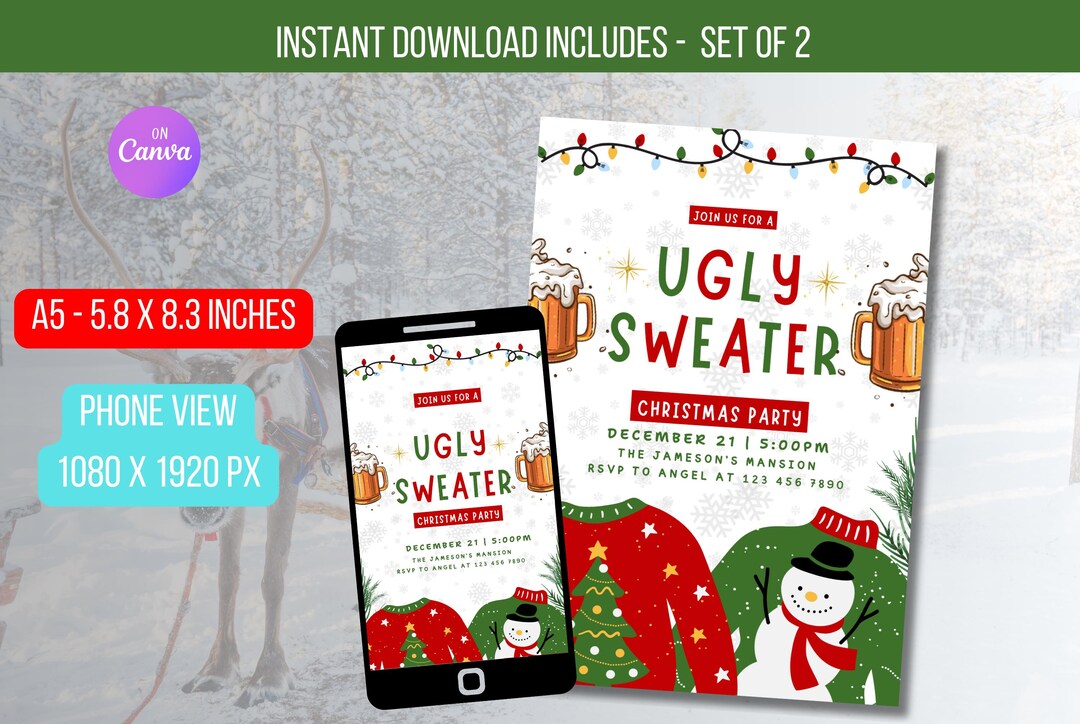 EDITABLE Christmas Ugly Sweater Party Invite, Ugly Sweater Party ...