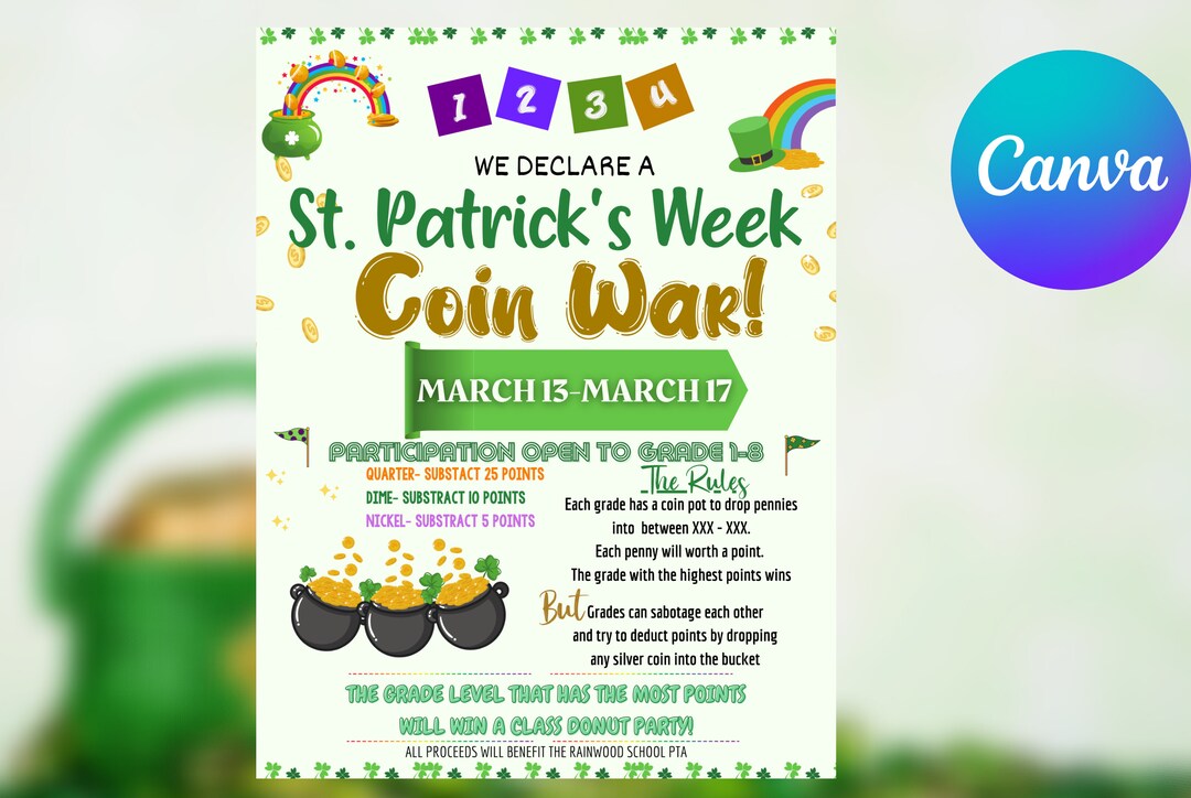 EDITABLE St. Patricks Day Coin War Fundraiser Flyer, Printable Handout ...