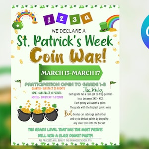EDITABLE St. Patricks Day Coin War Fundraiser Flyer, Printable Handout ...
