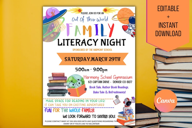Editable Family Literacy Night Flyer, PTO PTA Reading Book Sale School ...