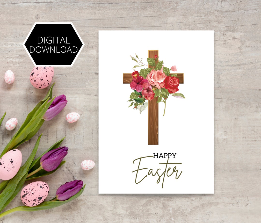Printable Easter Floral Cross Card, Easter Day Card, Simple Easter Card ...