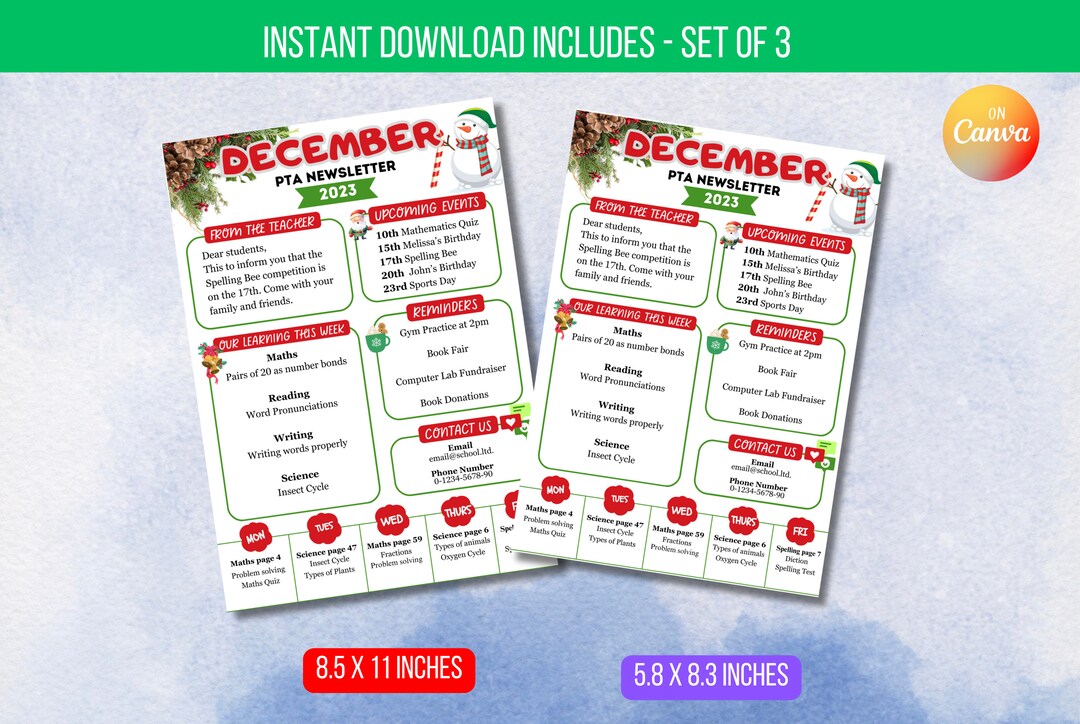 EDITABLE December PTA Newsletter Template, Classroom Printable Handout ...