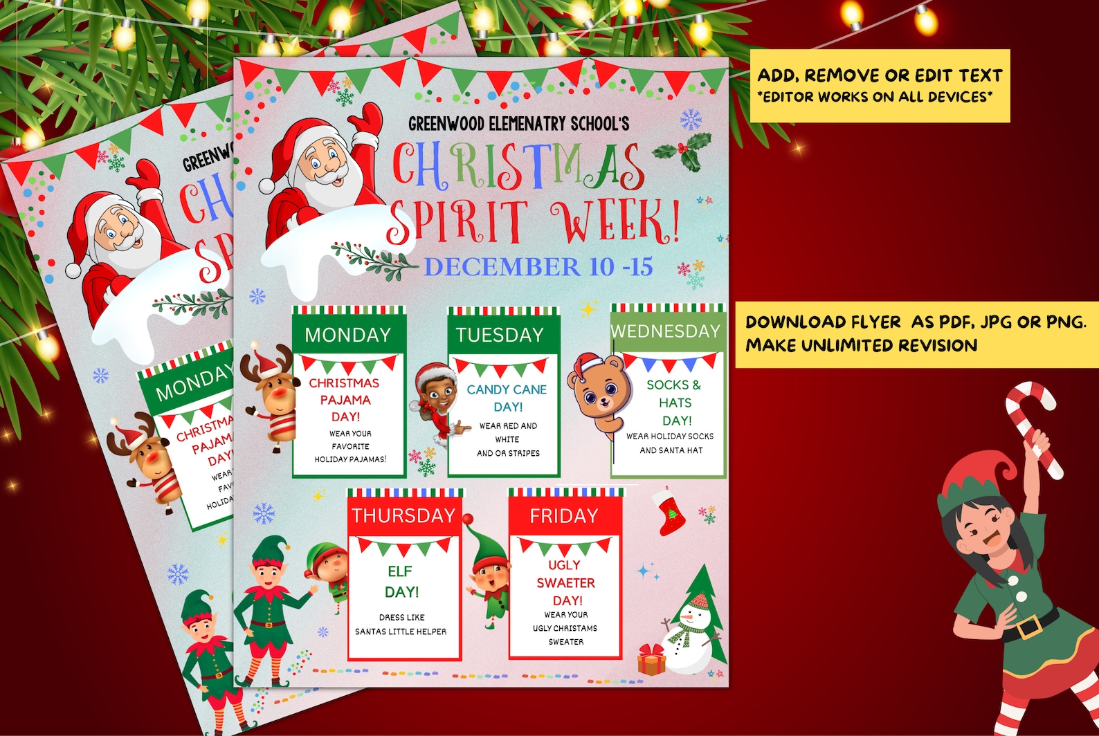 EDITABLE Christmas Spirit Week Itinerary Schedule School Flyer Poster ...