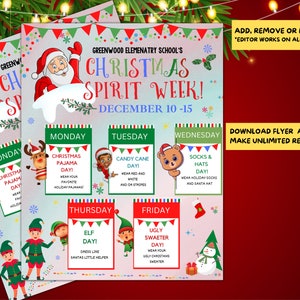 EDITABLE Christmas Spirit Week Itinerary Schedule School Flyer Poster ...