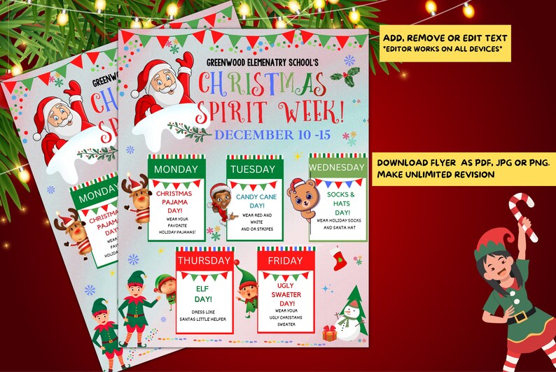 EDITABLE Christmas Spirit Week Itinerary Schedule School Flyer Poster ...