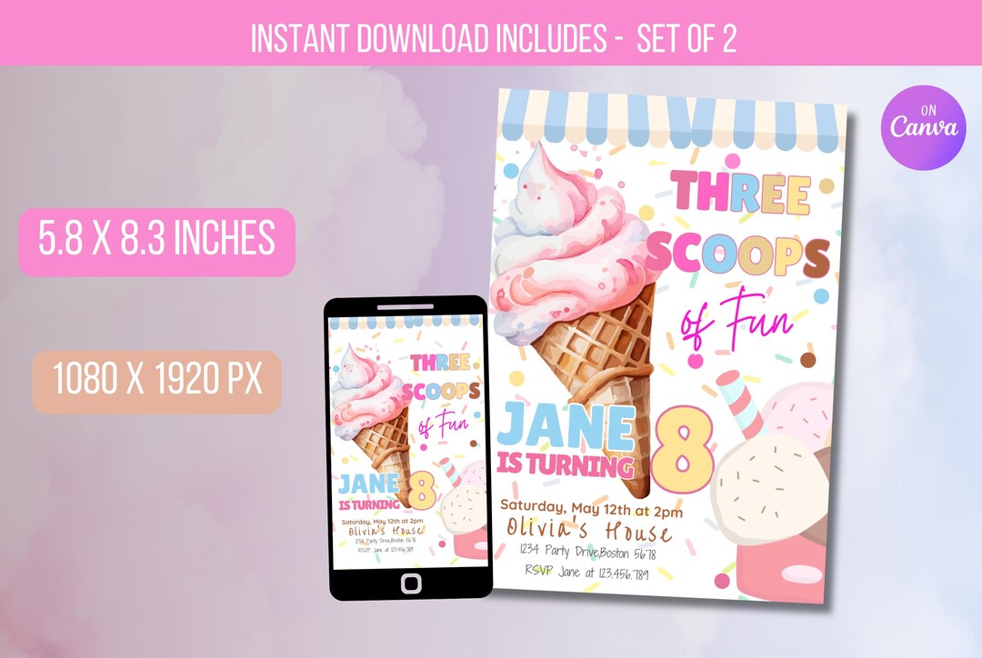 EDITABLE Three Scoops of Fun Ice Cream Birthday Invite, Ice Cream Truck ...