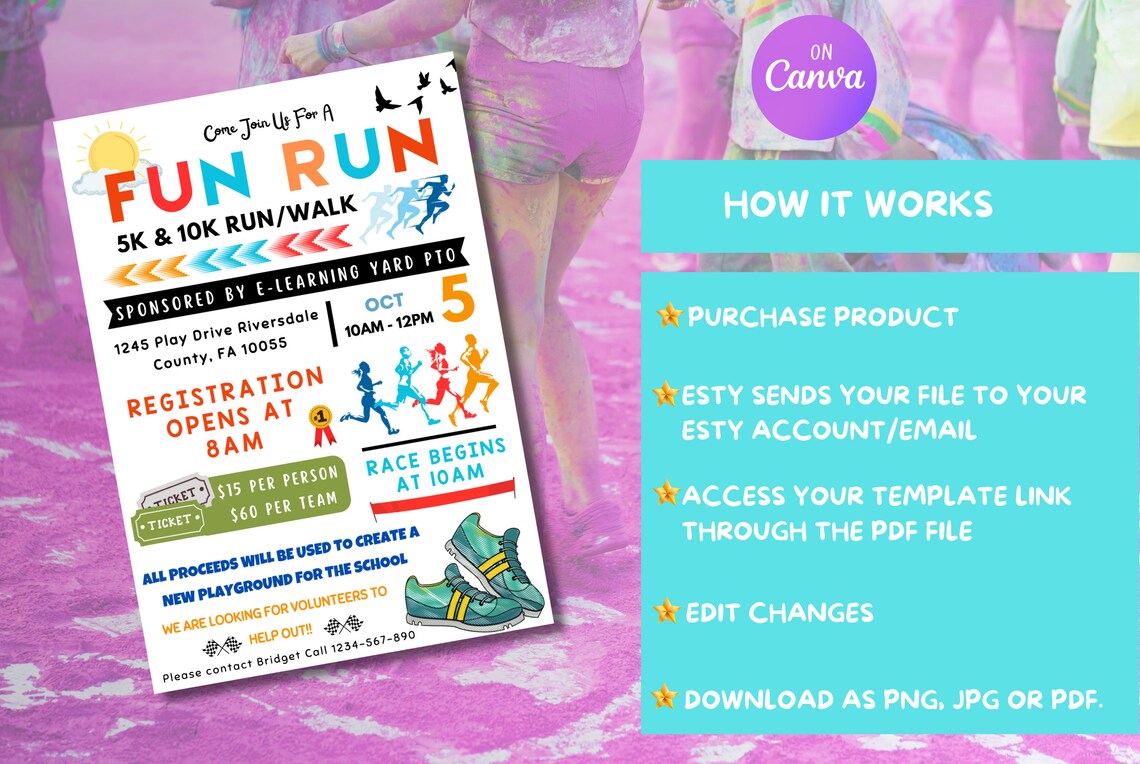 EDITABLE Color Run Invitation Flyer, School Community Fundraiser Event ...