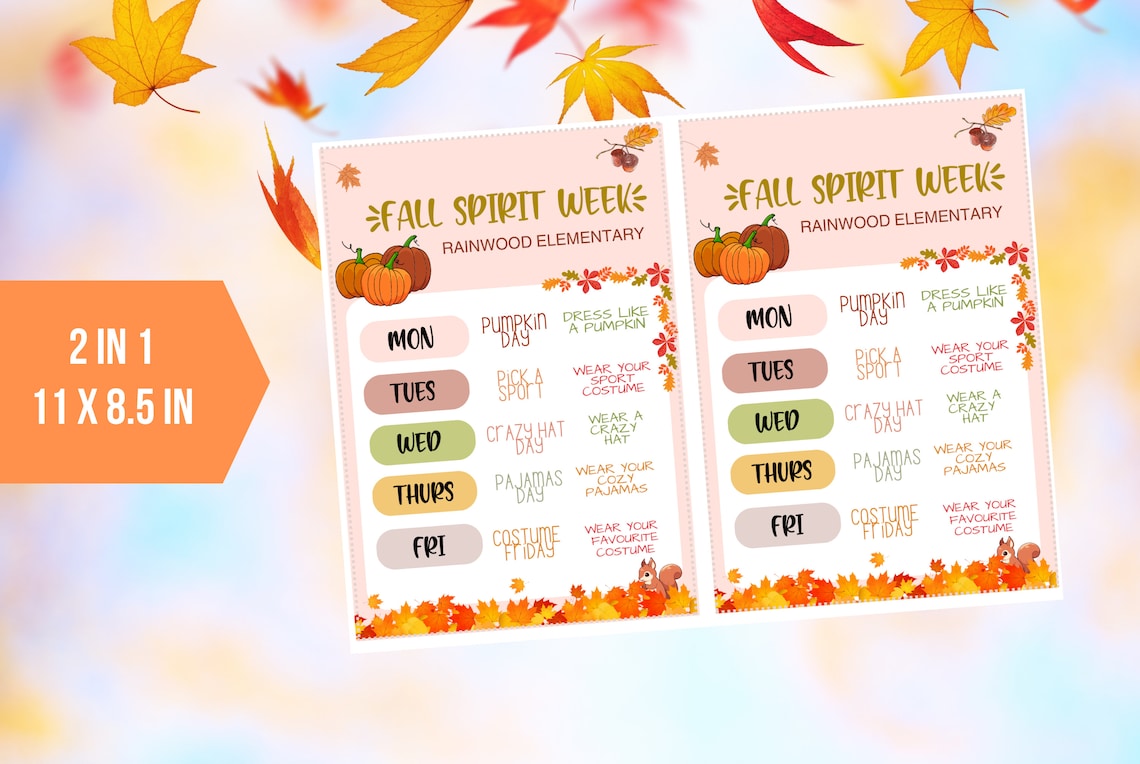 EDITABLE Fall Spirit Week Schedule Template Printable Spirit - Etsy