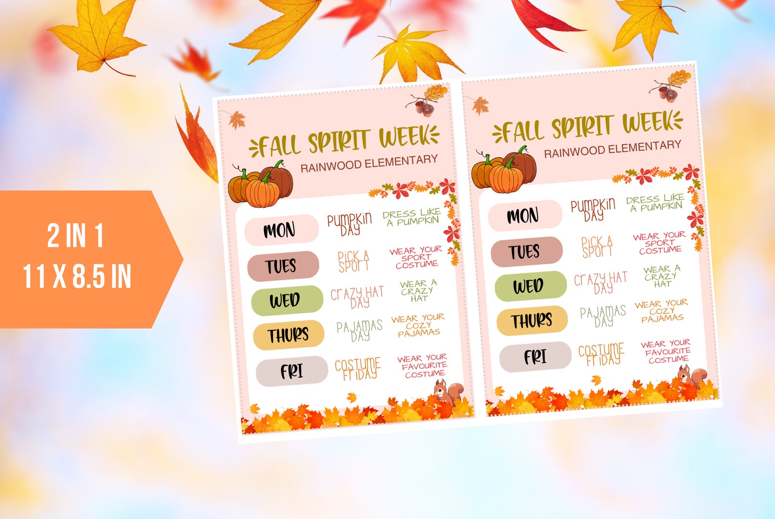 EDITABLE Fall Spirit Week Schedule Template Printable Spirit - Etsy