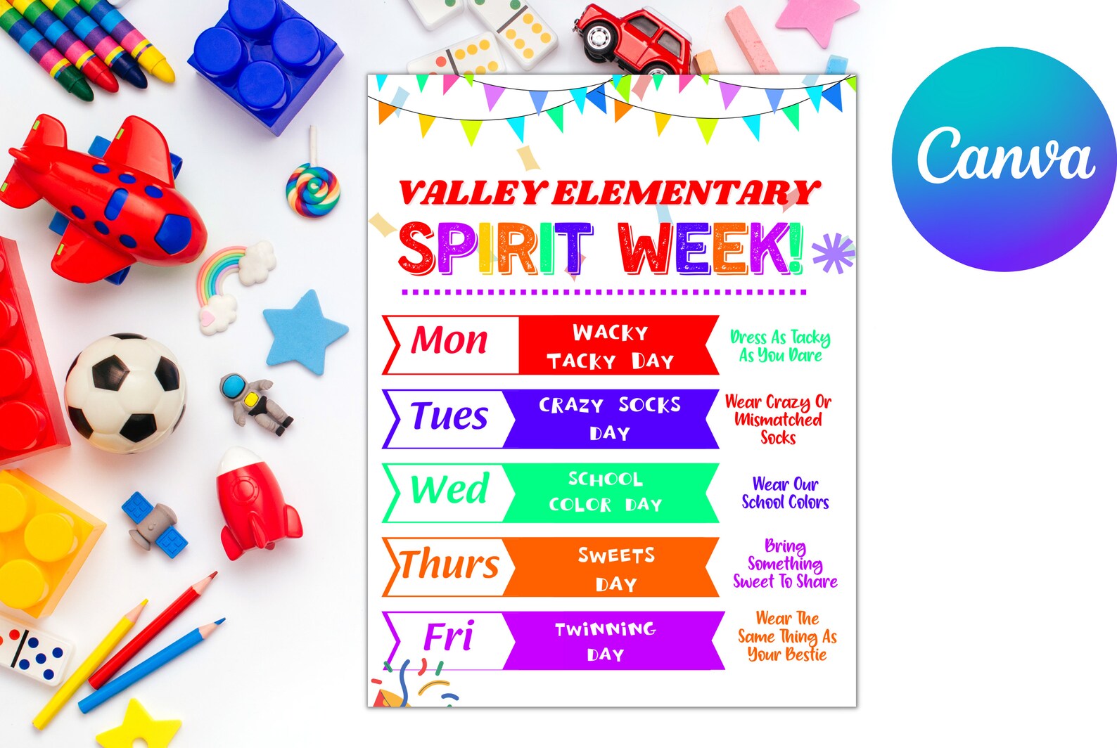 School Spirit Week Flyer Template, School Spirit Week Schedule, PTA ...