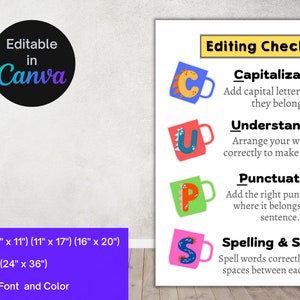 CUPS Editing Writing Strategy Checklist Poster, English Classroom Decor ...
