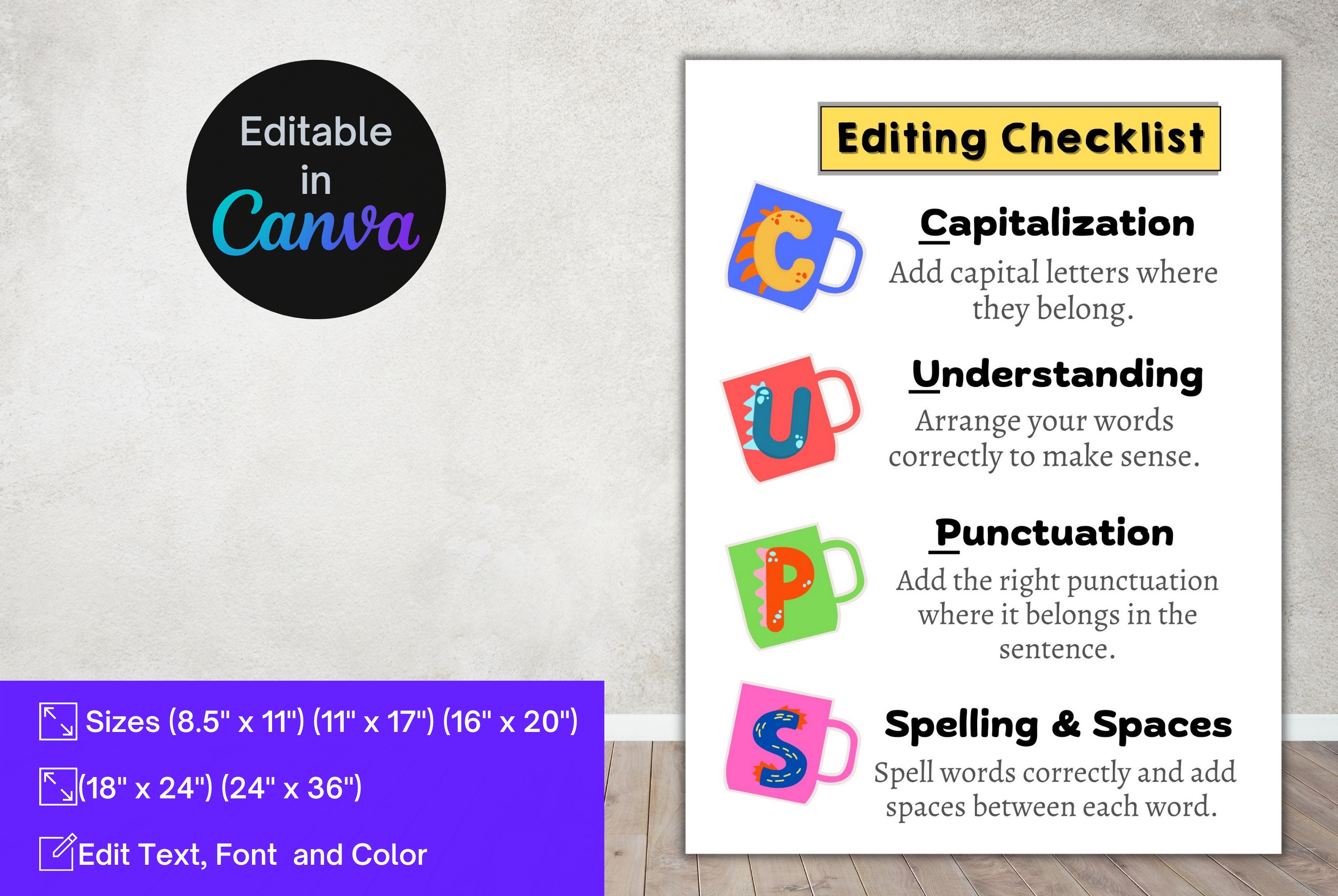 CUPS Editing Writing Strategy Checklist Poster English - Etsy