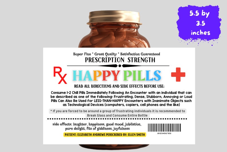 EDITABLE Happy Pills Label Funny Gag Gift Professional Office - Etsy