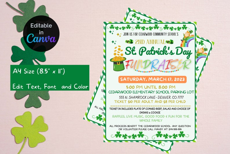 Editable St. Patricks Day Fundraiser Flyer Shamrock Rainbow - Etsy
