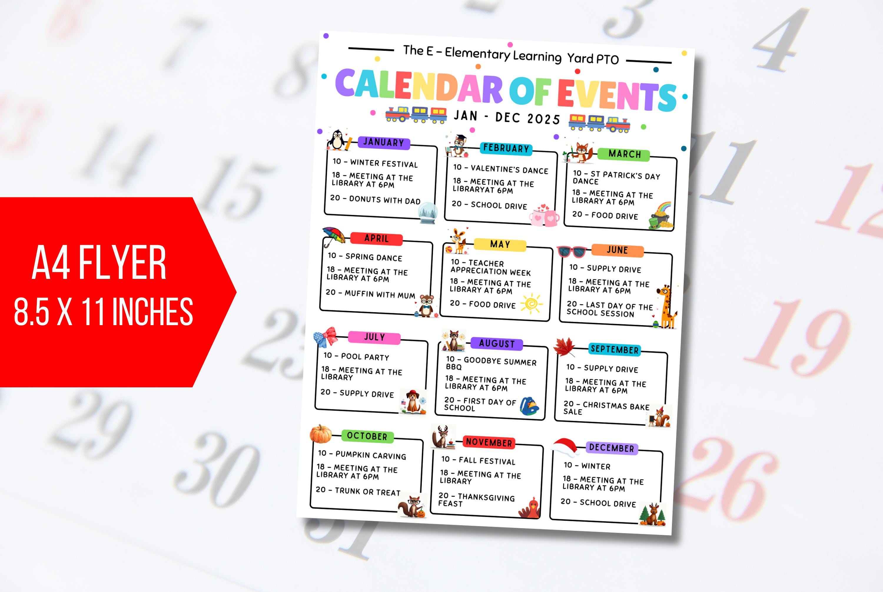 EDITABLE PTO Monthly Event Calendar Flyer Template, Year at a Glance ...