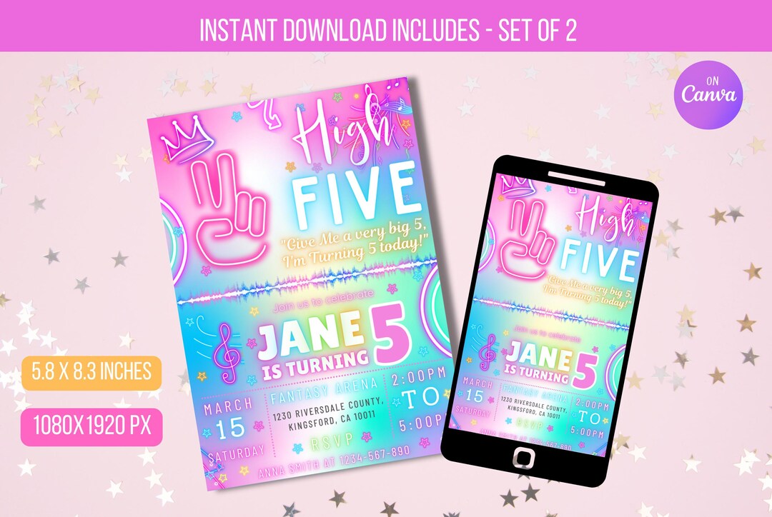 EDITABLE High Five Birthday Party Invitation Neon Glow, Neon E-vite, Hi ...