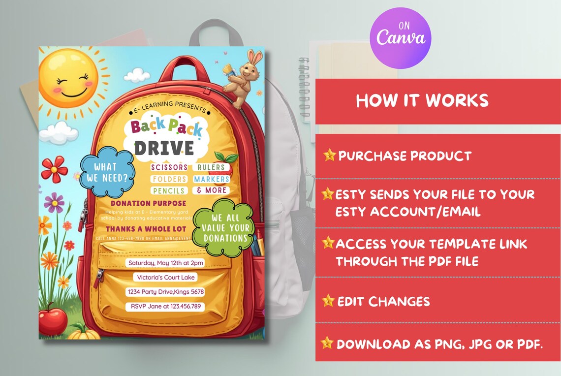 EDITABLE Backpack Drive Flyer, Back to School, First Day School ...