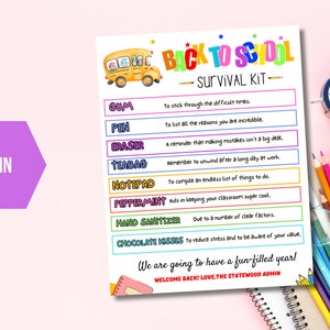 EDITABLE Back to School Survival Kit Template, First Day of School ...