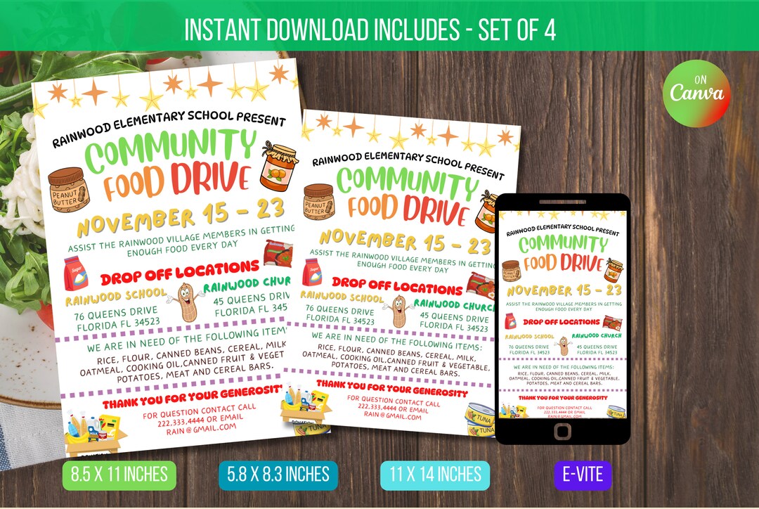 EDITABLE Community Food Drive Flyer, School Church Fundraiser Invite ...
