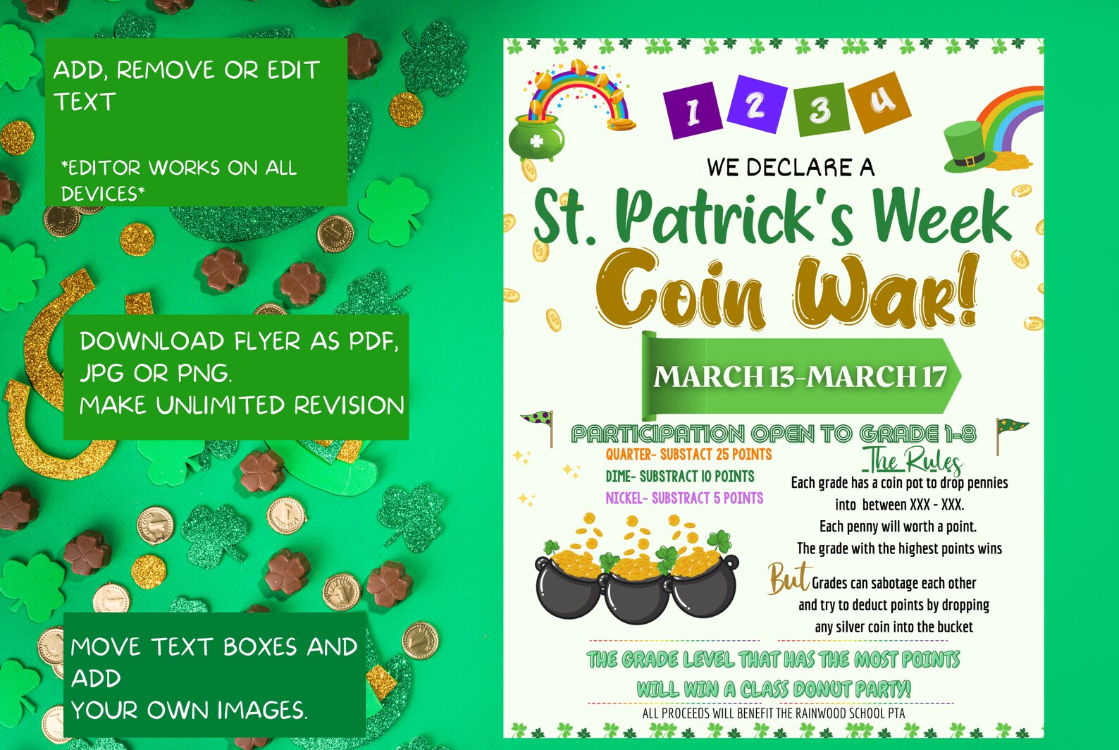 EDITABLE St. Patricks Day Coin War Fundraiser Flyer, Printable Handout ...