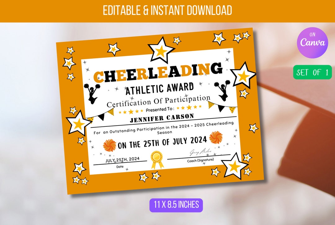 EDITABLE Cheerleader Certificate, Cheer Certificates Sports Award ...
