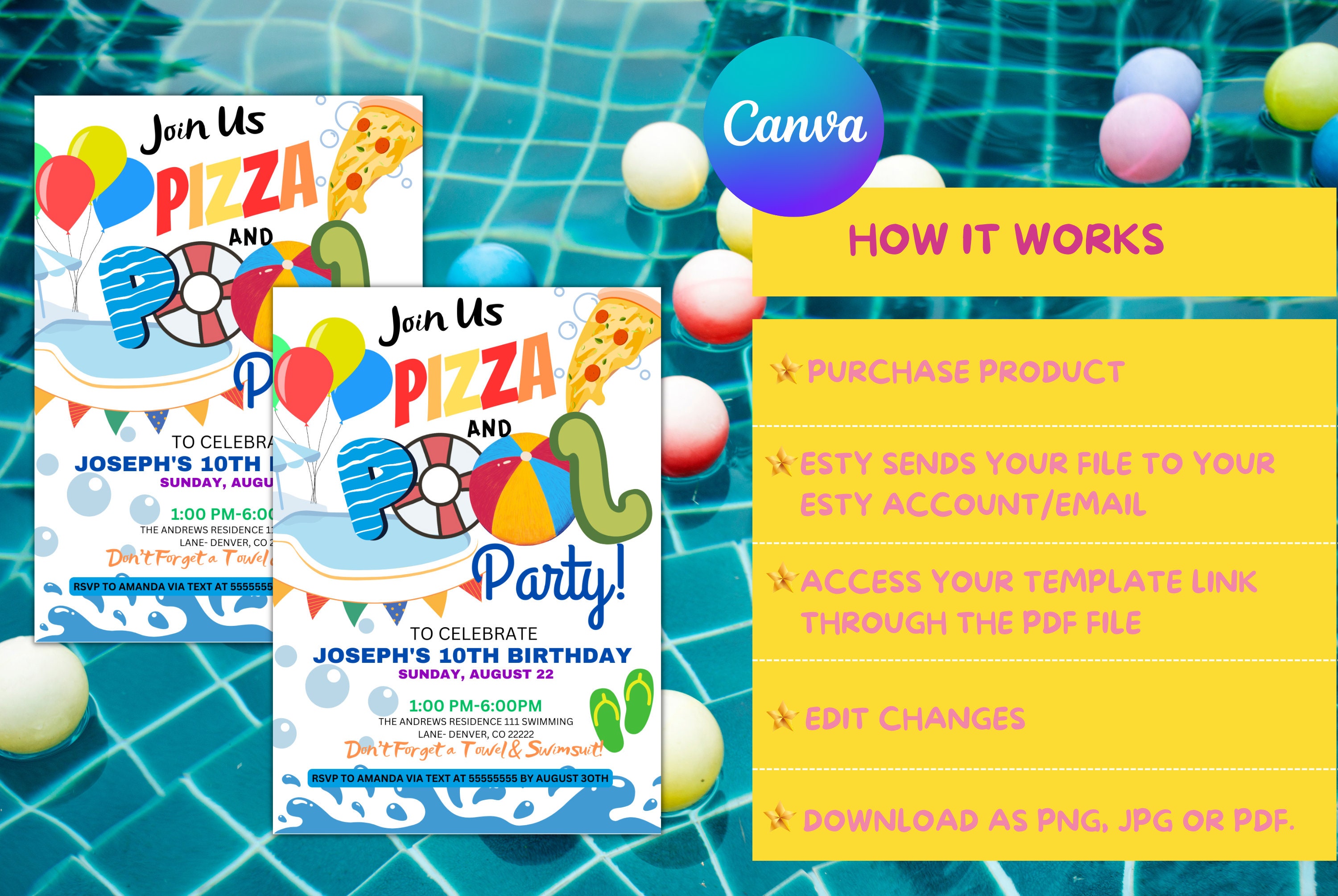 Pizza and Pool Party Invitation End of School Party - Etsy