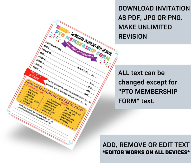 Printable/editable PTO PTA Membership Form, Pto/pta Parent Volunteer ...