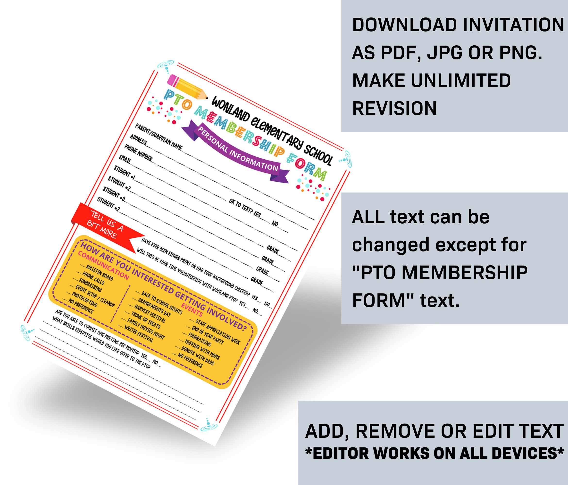 Printable/editable PTO PTA Membership Form, Pto/pta Parent Volunteer ...