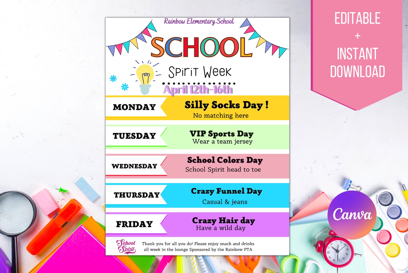 School Spirit Week Editable Itinerary Schedule | Printable DIY Spirit ...