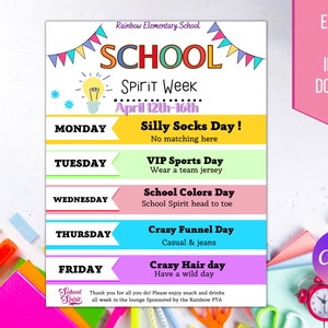 School Spirit Week Editable Itinerary Schedule | Printable DIY Spirit ...
