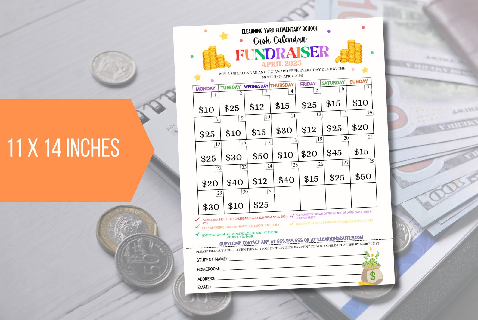 EDITABLE Cash Calendar Fundraiser Flyer Template, School Non-profit ...