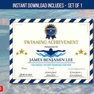 EDITABLE Swimming Award, Swimming Achievement, Swimming Certificate ...
