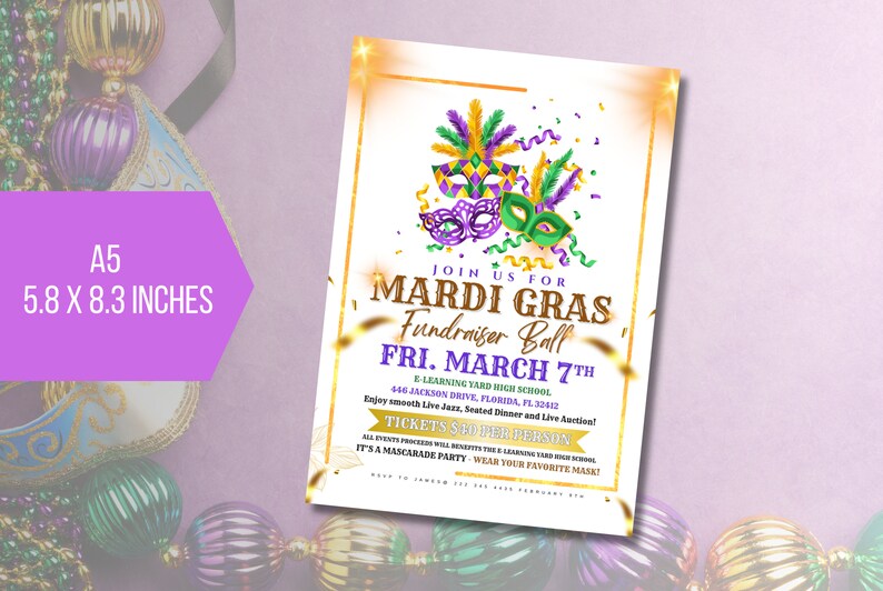 EDITABLE Mardi Gras Fundraiser Ball Invitation Flyer With Invitation ...