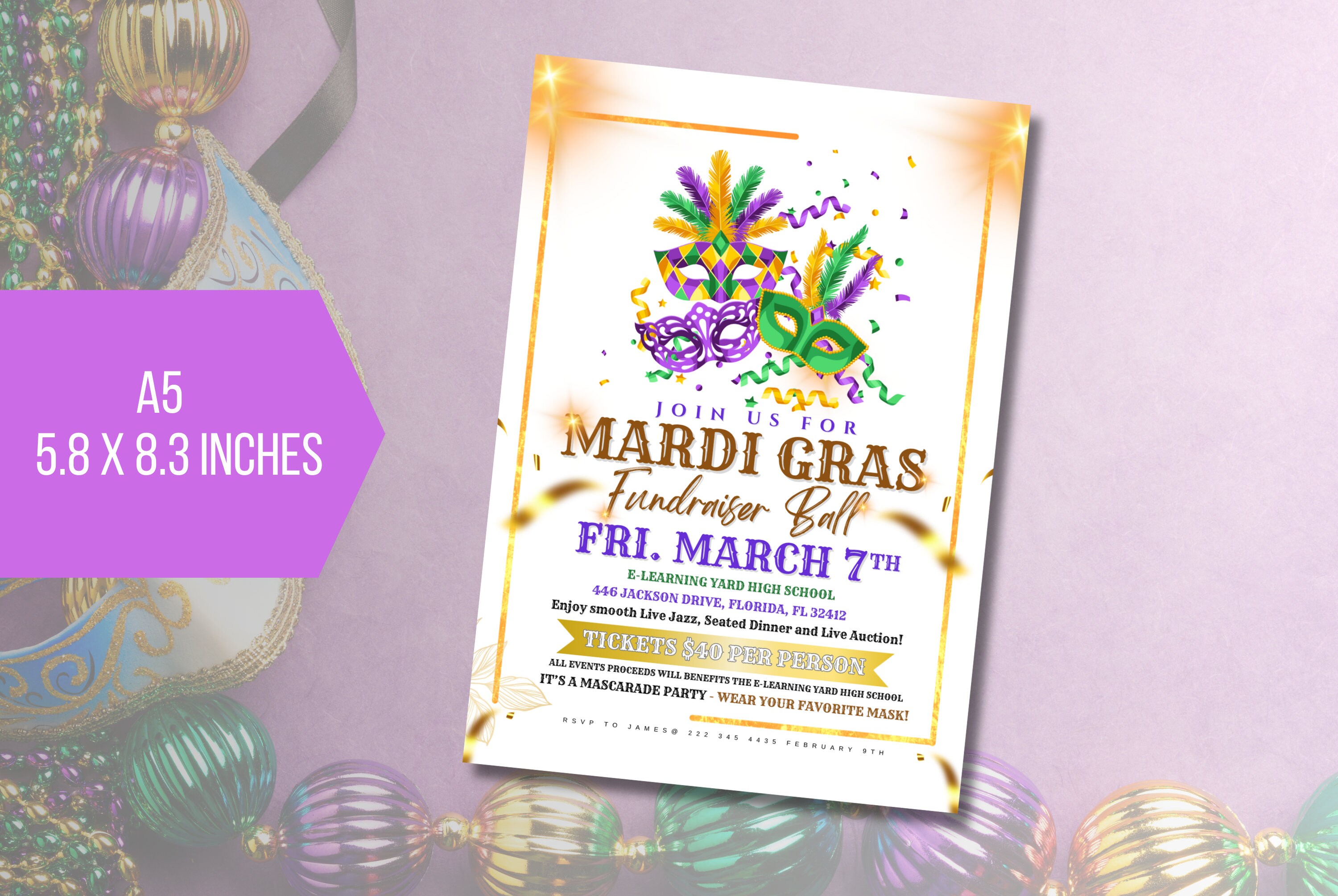 EDITABLE Mardi Gras Fundraiser Ball Invitation Flyer With Invitation ...