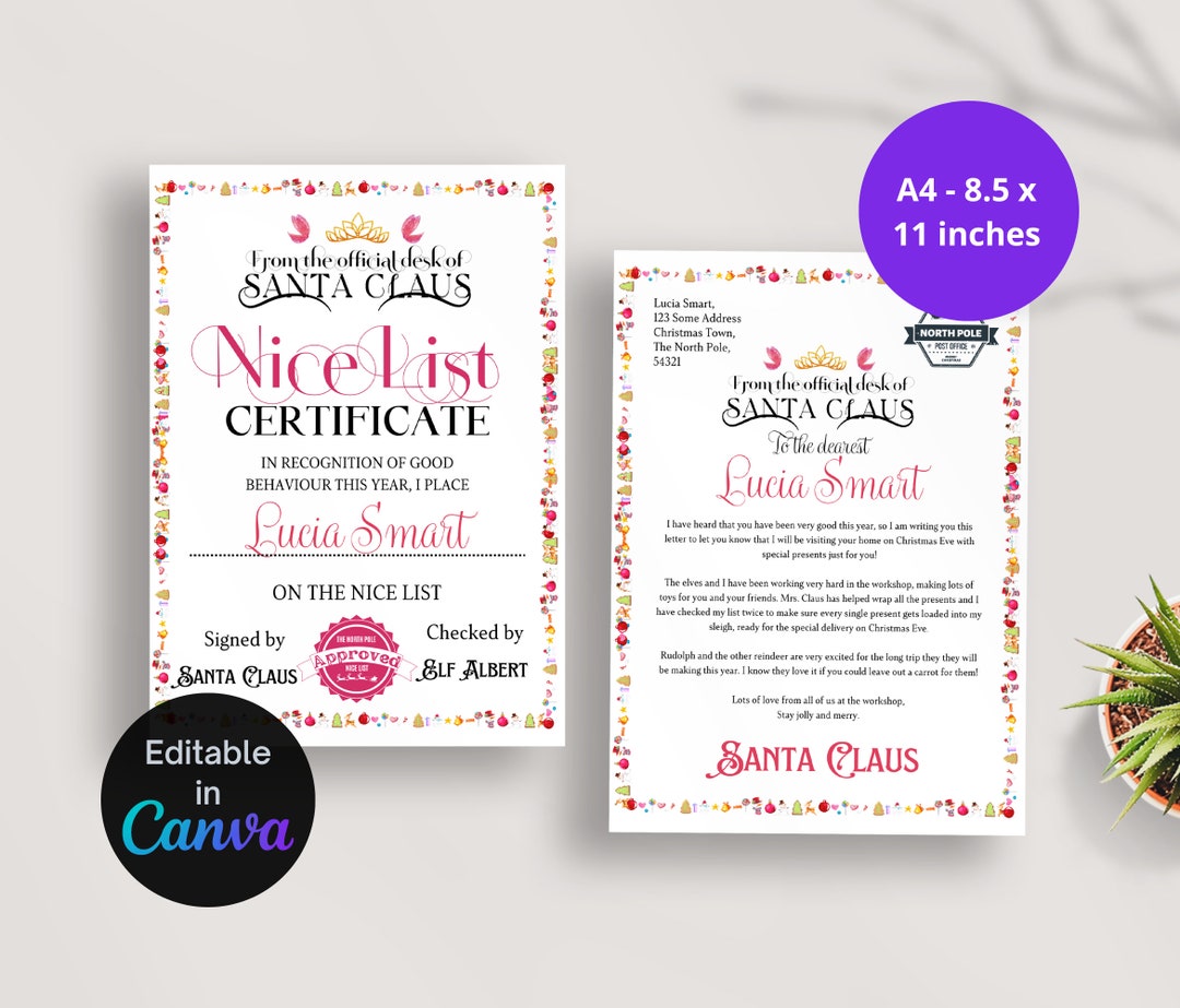 Personalized Santa Nice List Certificate and Santa Letter, Personalized ...